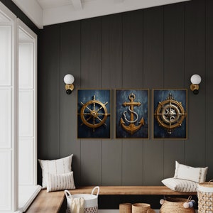 Nautical Wall Art Set of Three Maritime Prints Navy Blue Gold Coastal ...
