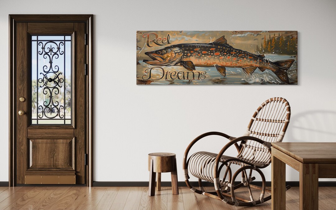 Pike Fish Wall Art, Rustic Fishing Sign Long Horizontal Painting Canvas ...