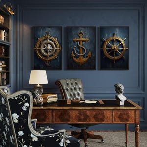 Nautical Wall Art Set of Three Maritime Prints - Navy Blue Gold Coastal ...