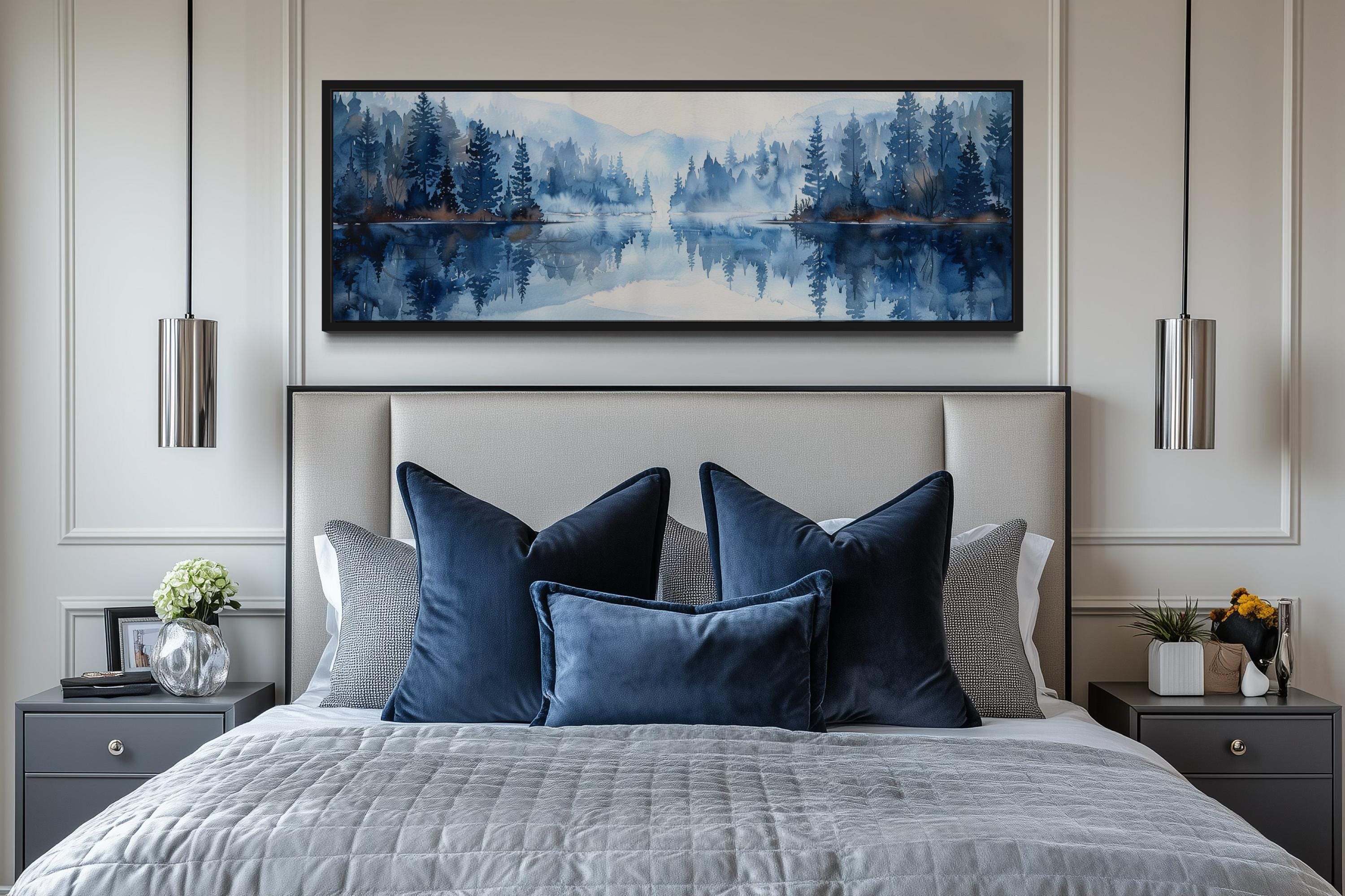 Long Horizontal Navy Blue Lake Landscape Watercolor Panoramic Painting ...