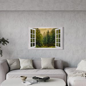Fake Window Foggy Pine Trees Forest Wall Art, Sage Green Nature Window ...