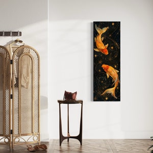 Tall Narrow Vertical Gold Fish on Black Painting Canvas PRINT, Slim ...