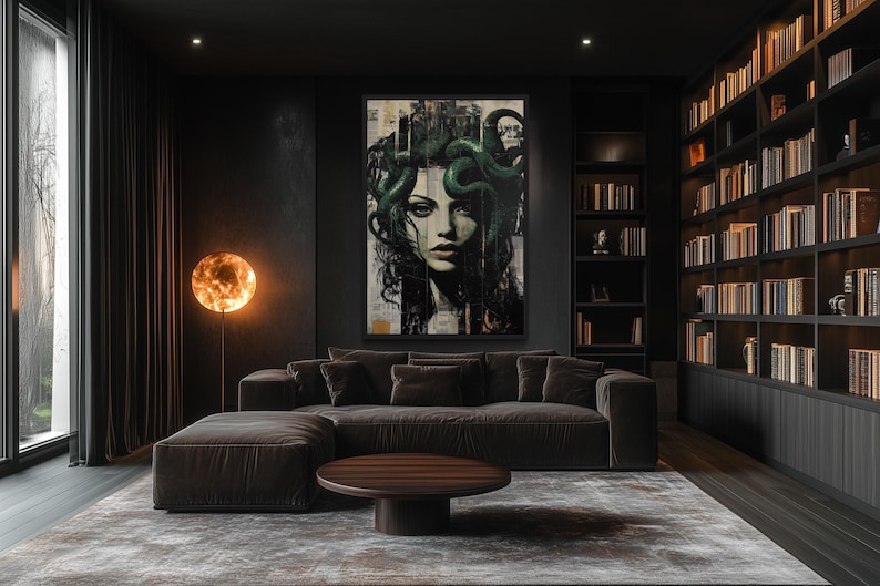Modern Medusa Portrait Gothic Wall Art, Dark Green Snake Hair Painting ...