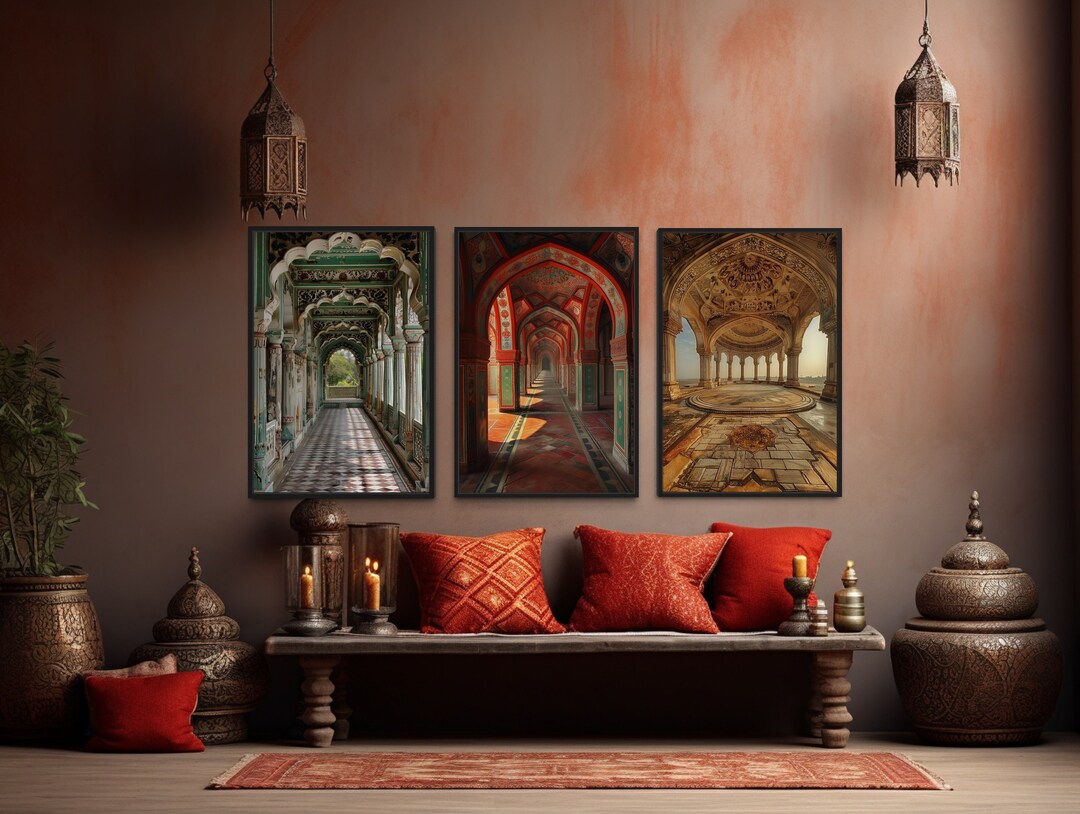 Set of Three Indian Wall Art, Colorful Indian Mughal Architecture ...