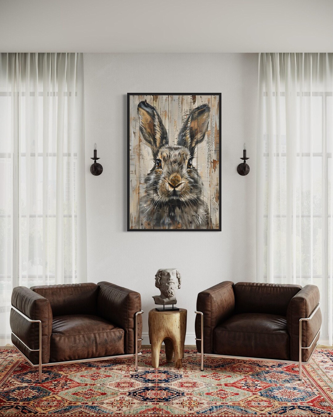 Rustic Rabbit Painting on Wood Canvas PRINT, Rustic Bunny Farmhouse ...