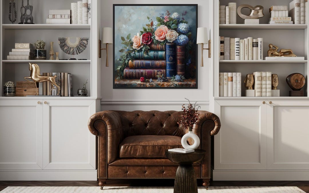 Stacked Books and Pretty Flowers Painting Canvas PRINT, Bookish Library ...
