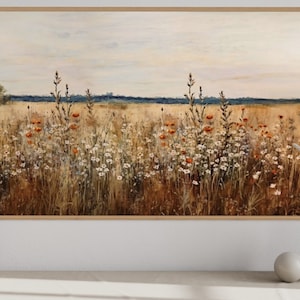 Framed Wildflowers Field Canvas Painting Print, Vintage Farmhouse Wall ...