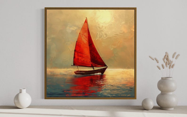 Gold Red Wall Art, Boat With Red Sails in Golden Sunset Ocean Abstract ...