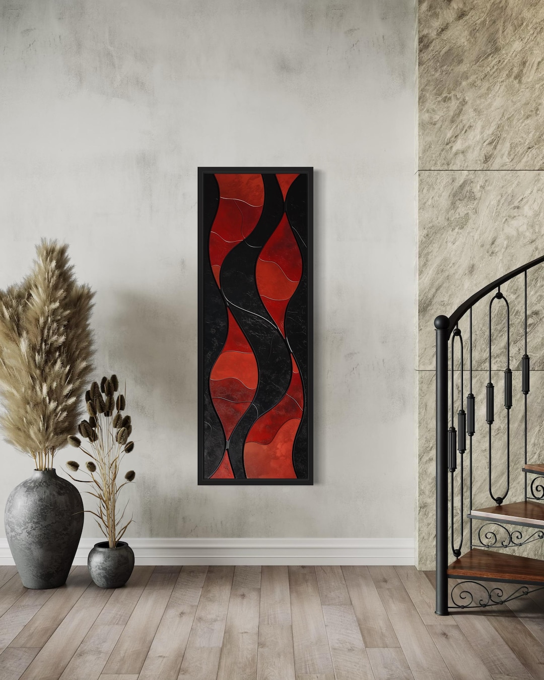 Vertical Narrow Red Black Wall Art, Geometric Swirls Abstract Painting ...