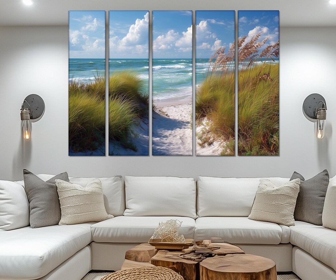 Set of 5 Coastal Beach Canvas Prints - Ocean Dunes and Sea Grass Wall ...