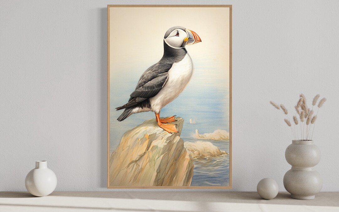 Birds Art Prints, Retro Puffin Painting Canvas Print or Poster, Lake ...