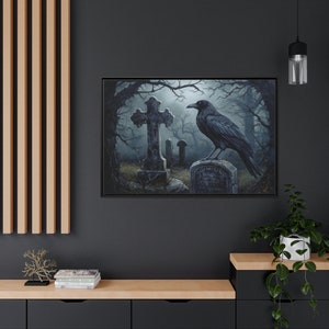 Gothic Wall Art Black Raven on Tomb Stone at Cemetery Painting Canvas ...