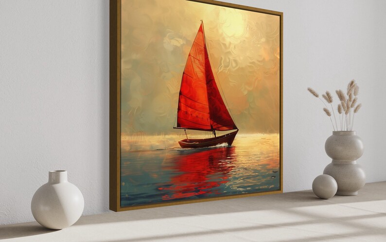 Gold Red Wall Art, Boat With Red Sails in Golden Sunset Ocean Abstract ...