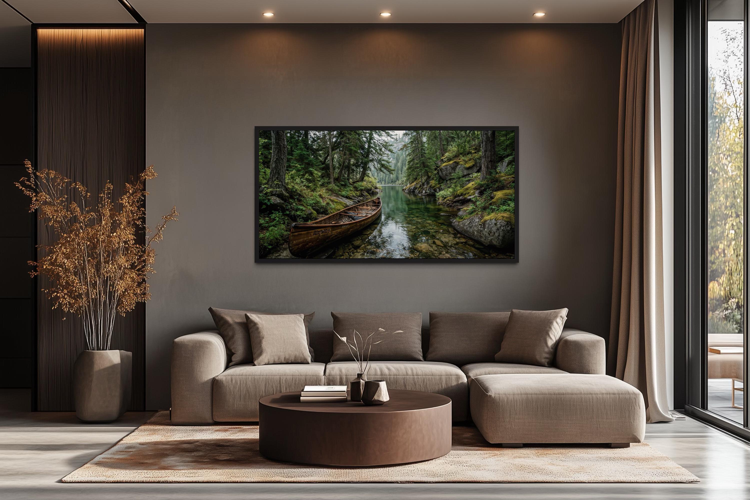 Rustic Canoe in Forest River Wall Art, Cabin Nature Landscape Painting ...