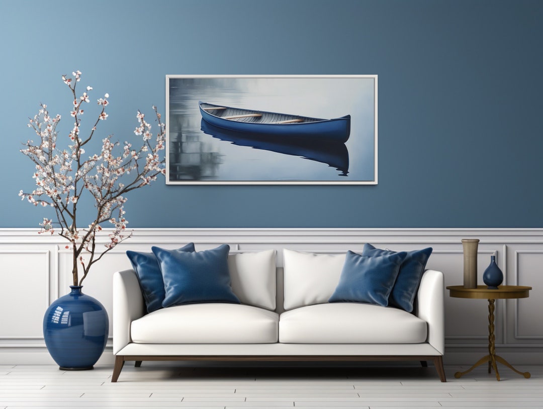Blue Canoe Painting Canvas PRINT, Lodge Decor Nautical Cabin Wall Art ...