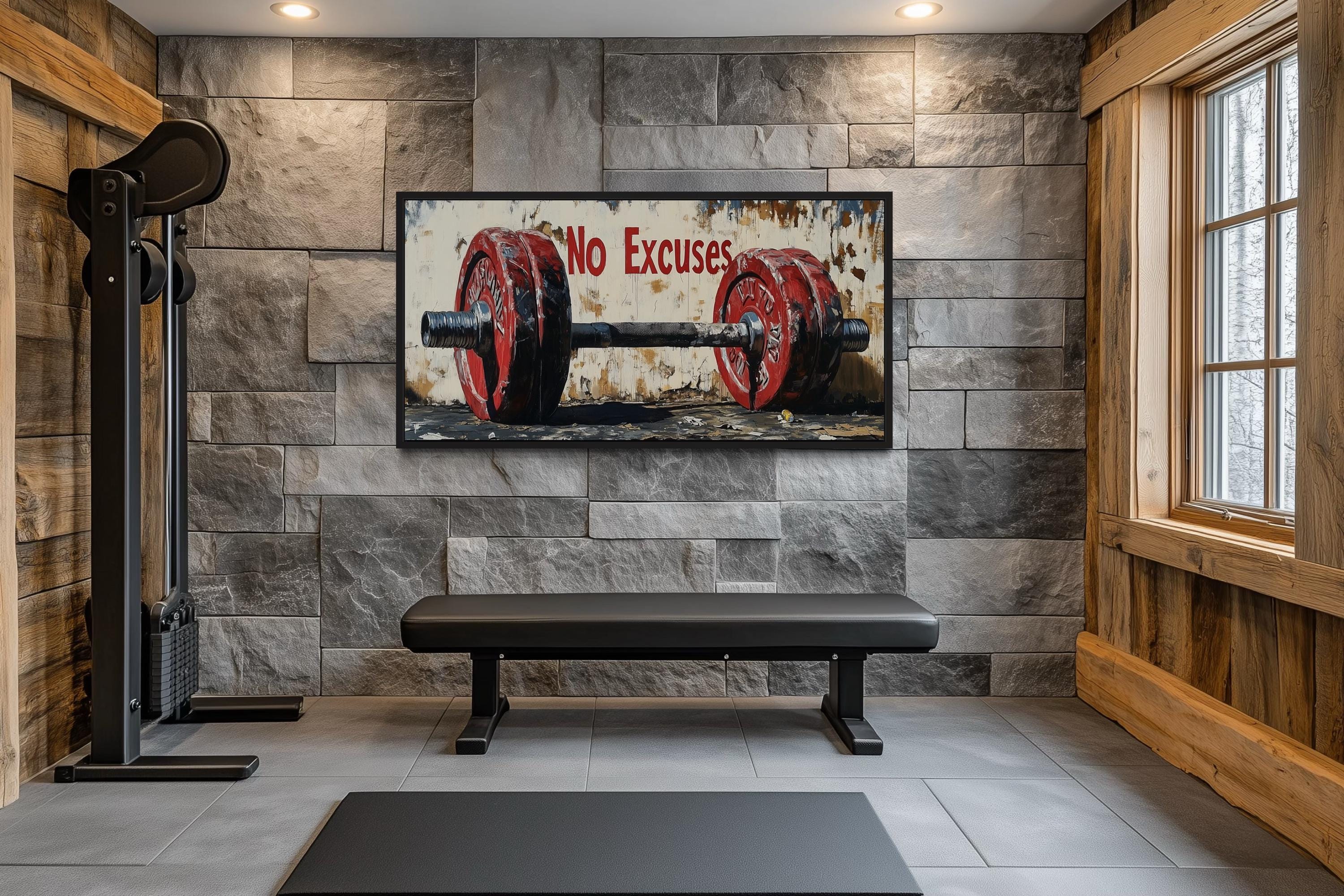 No Excuses Gym Wall Art - Red Barbell Motivational Painting Canvas ...