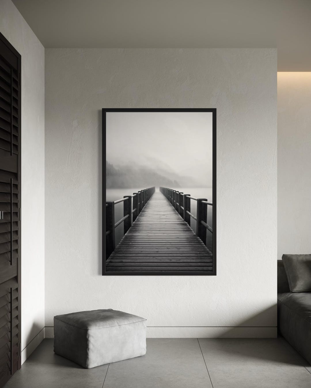 Tall Foggy Black White Lake Landscape With Dock/pier Painting Canvas ...