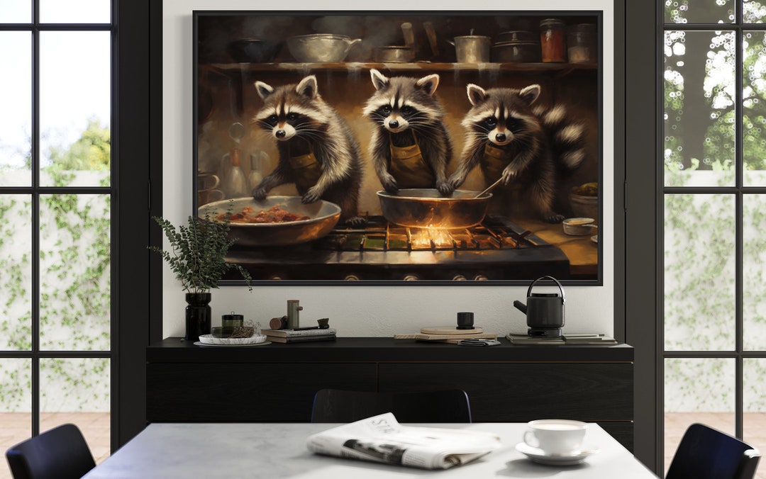 Raccoons Cooking Kitchen Wall Art, Raccoons Funny Painting Canvas PRINT ...