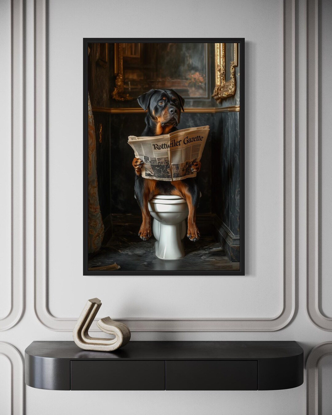 Rottweiler Dog on the Toilet Reading Newspaper, Funny Bathroom Art ...