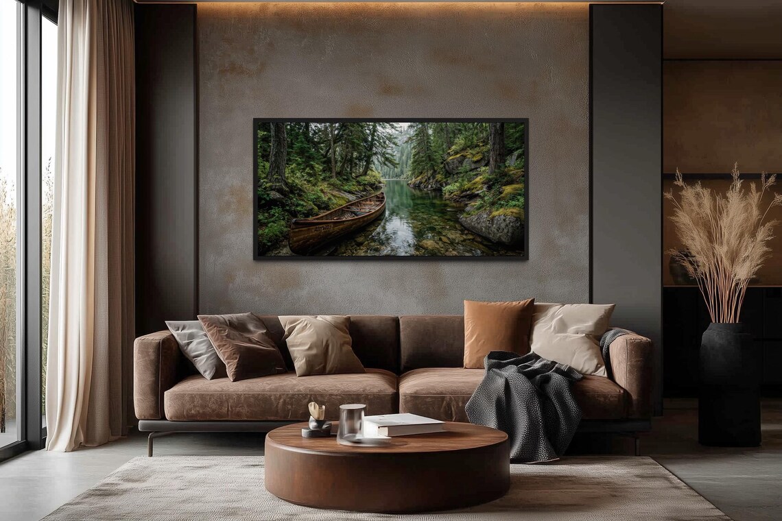 Rustic Canoe in Forest River Wall Art, Cabin Nature Landscape Painting ...