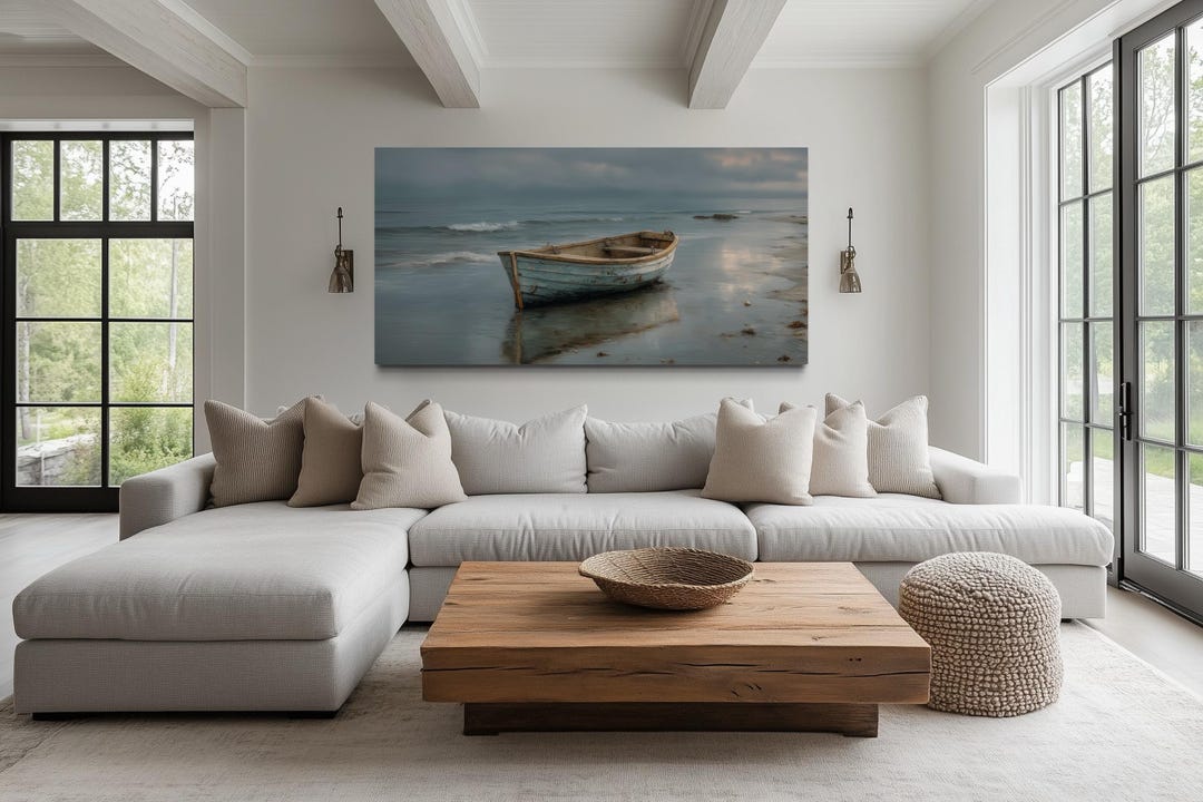 Rustic Rowboat on the Beach Wall Art - Coastal Seascape Painting Print ...