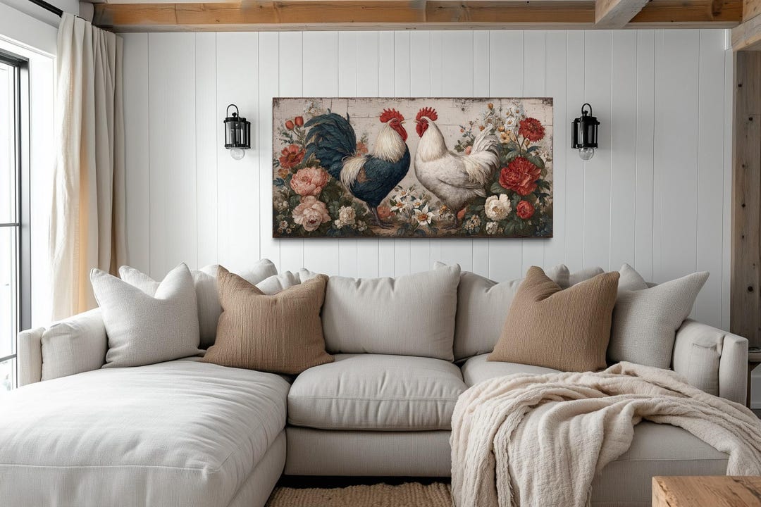 Two Roosters Farmhouse Floral Wall Art Rustic Chicken Canvas Print ...