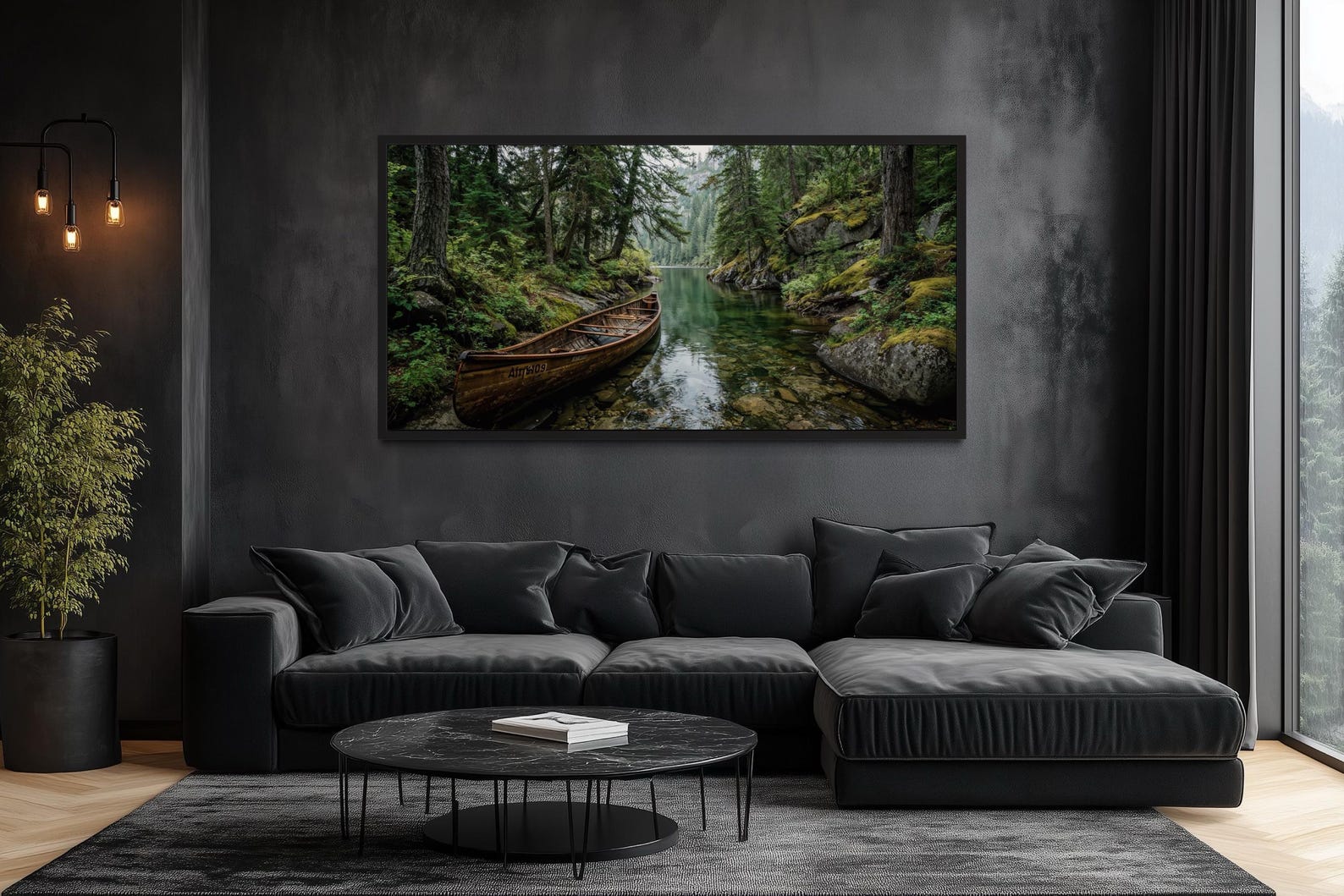 Rustic Canoe in Forest River Wall Art, Cabin Nature Landscape Painting ...