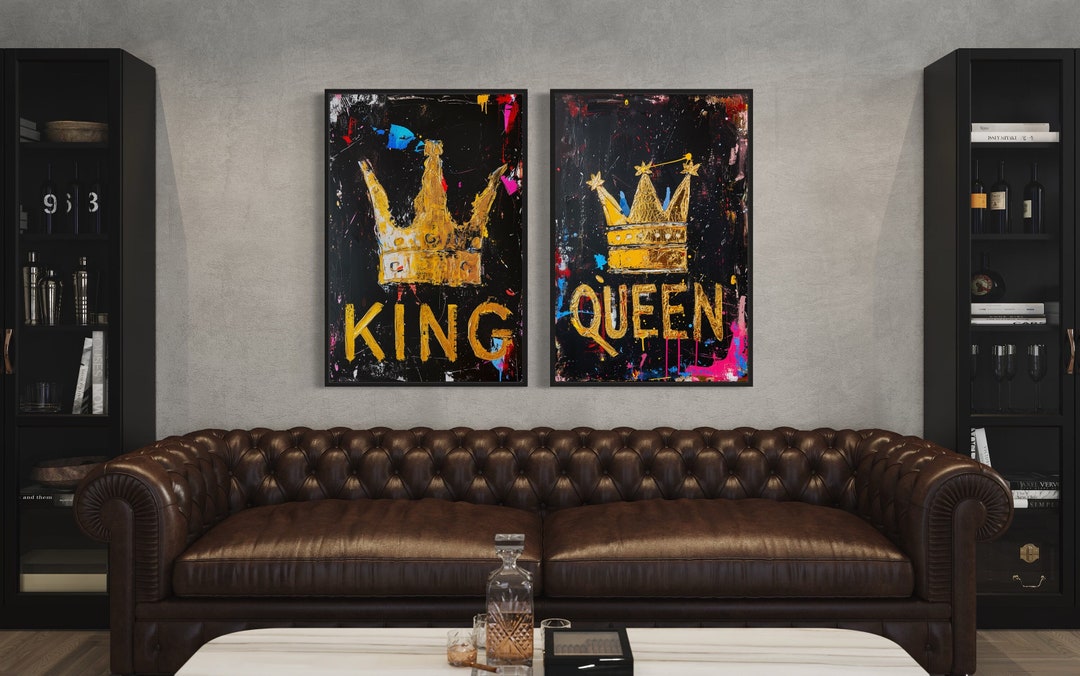 Set of 2 King and Queen Crowns Wall Art - Black Gold Pop Art Painting ...