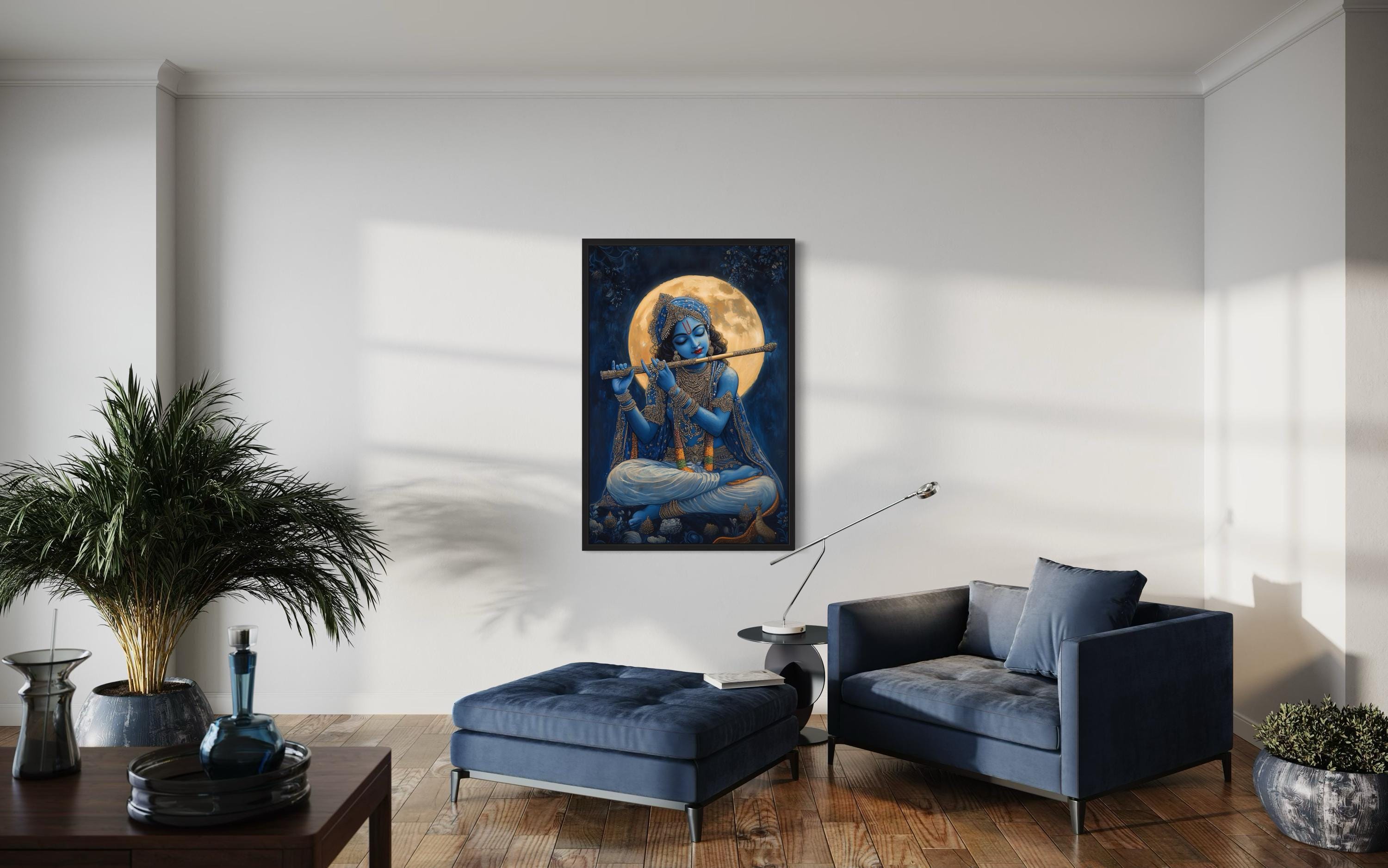 Krishna Wall Art - Blue Krishna Playing Flute Under Full Moon Painting ...