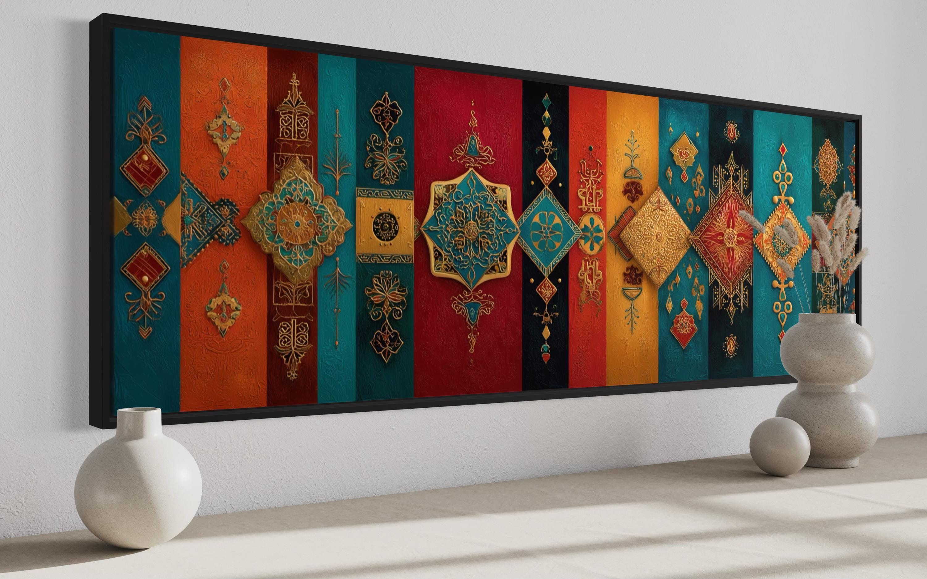 Boho Moroccan Wall Art, Long Horizontal Colorful Geometric Canvas Print ...