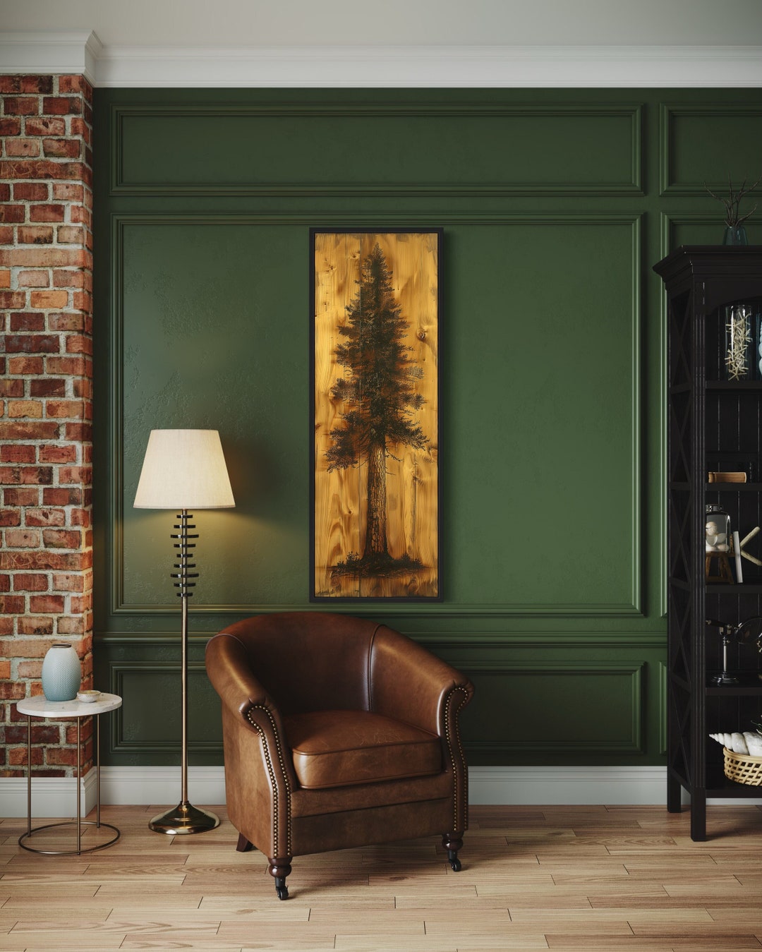 Tall Narrow Vertical Wall Art Pine Tree Painted on Wood Slice Canvas ...