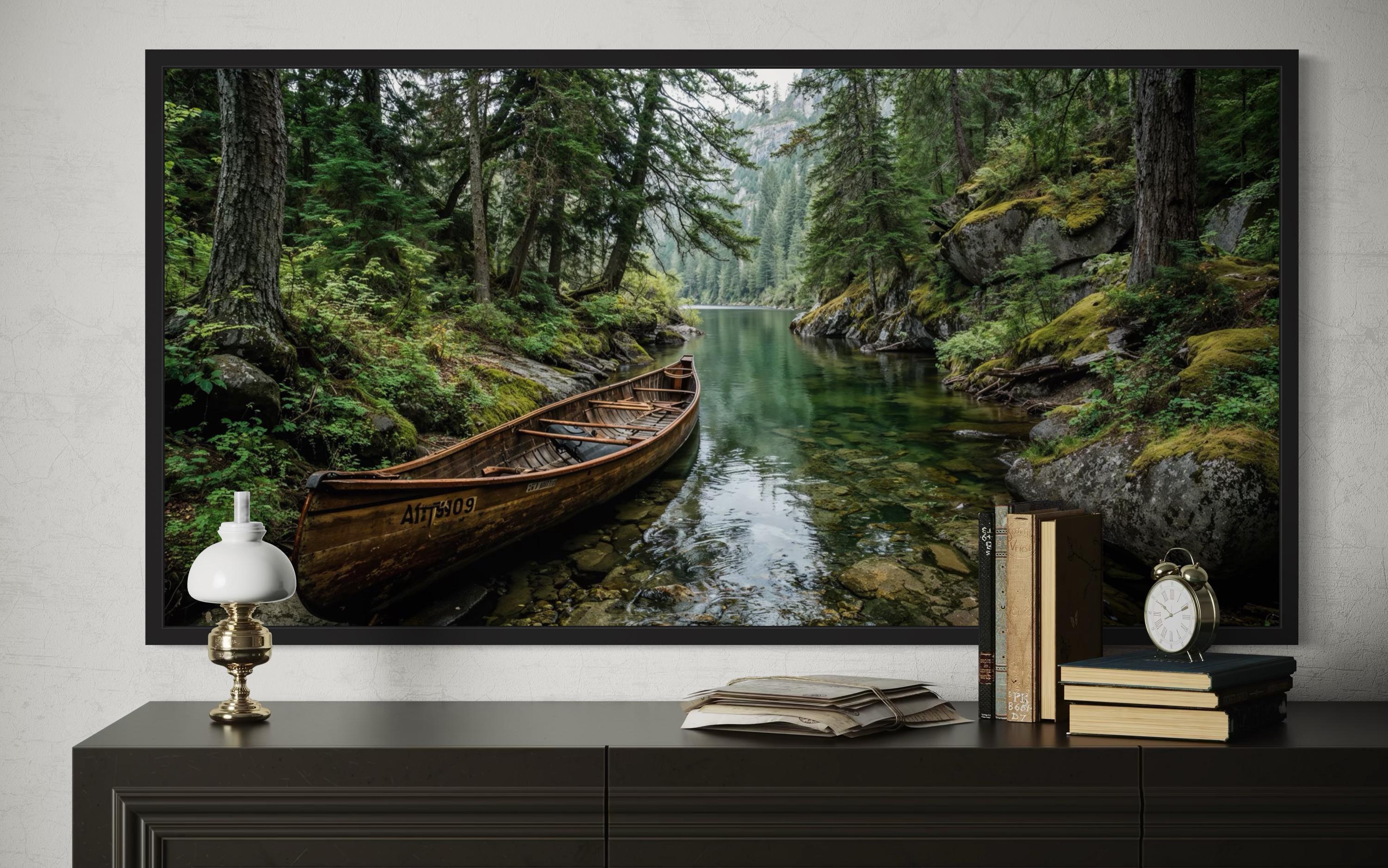 Rustic Canoe in Forest River Wall Art, Cabin Nature Landscape Painting ...