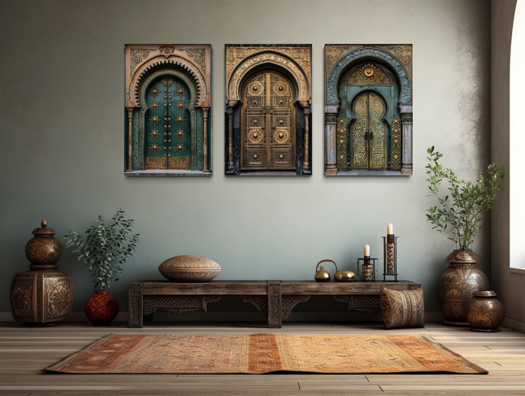 Moroccan Wall Art, Set of 3 Marrakesh Doors Painting Canvas PRINT ...