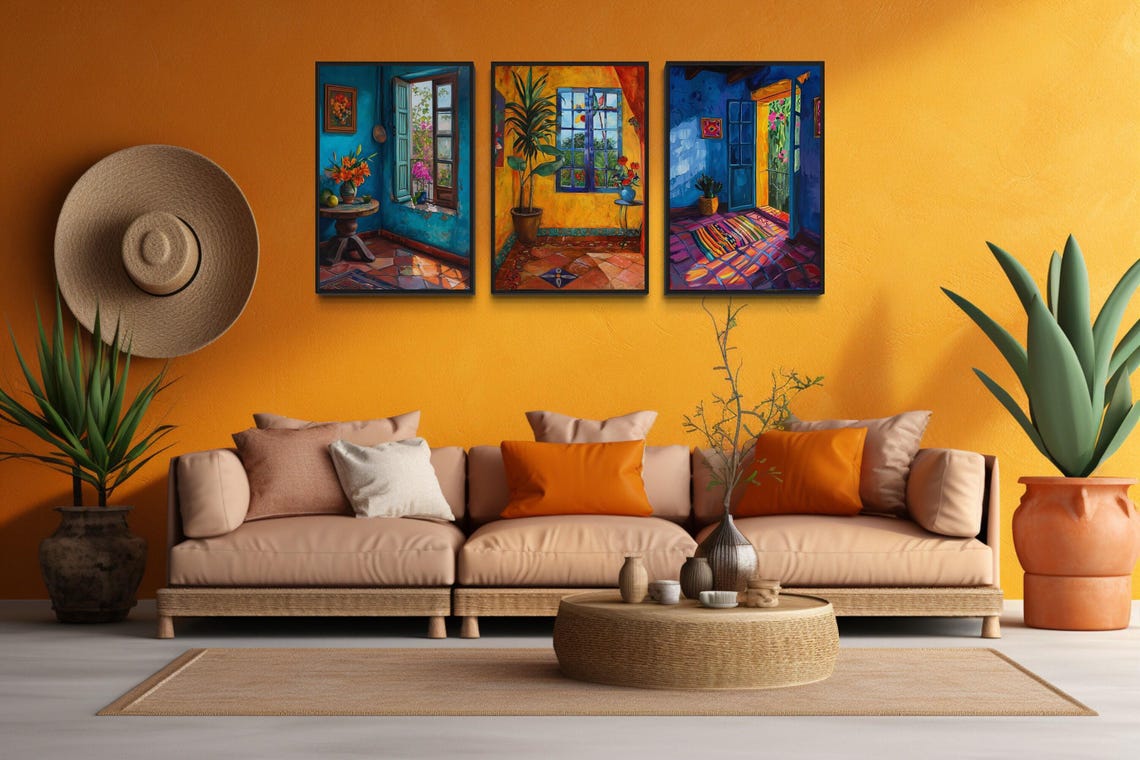 Set of Three Mexican Wall Art, Colorful Mexican House and Window ...