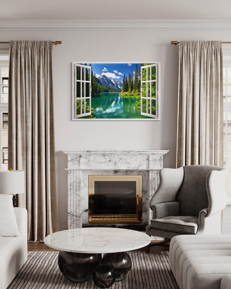 Window View Canvas - Lake and Mountains View From Open Window Painting ...