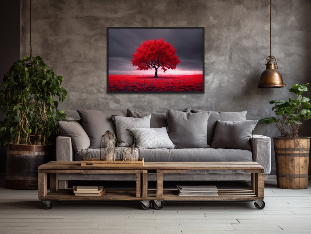 Red Tree on Black Background Wall Art Tree Painting Canvas Print Living ...