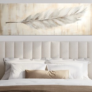 Rustic Horizontal Wall Art, Above Bed Decor White Feather Painting on ...