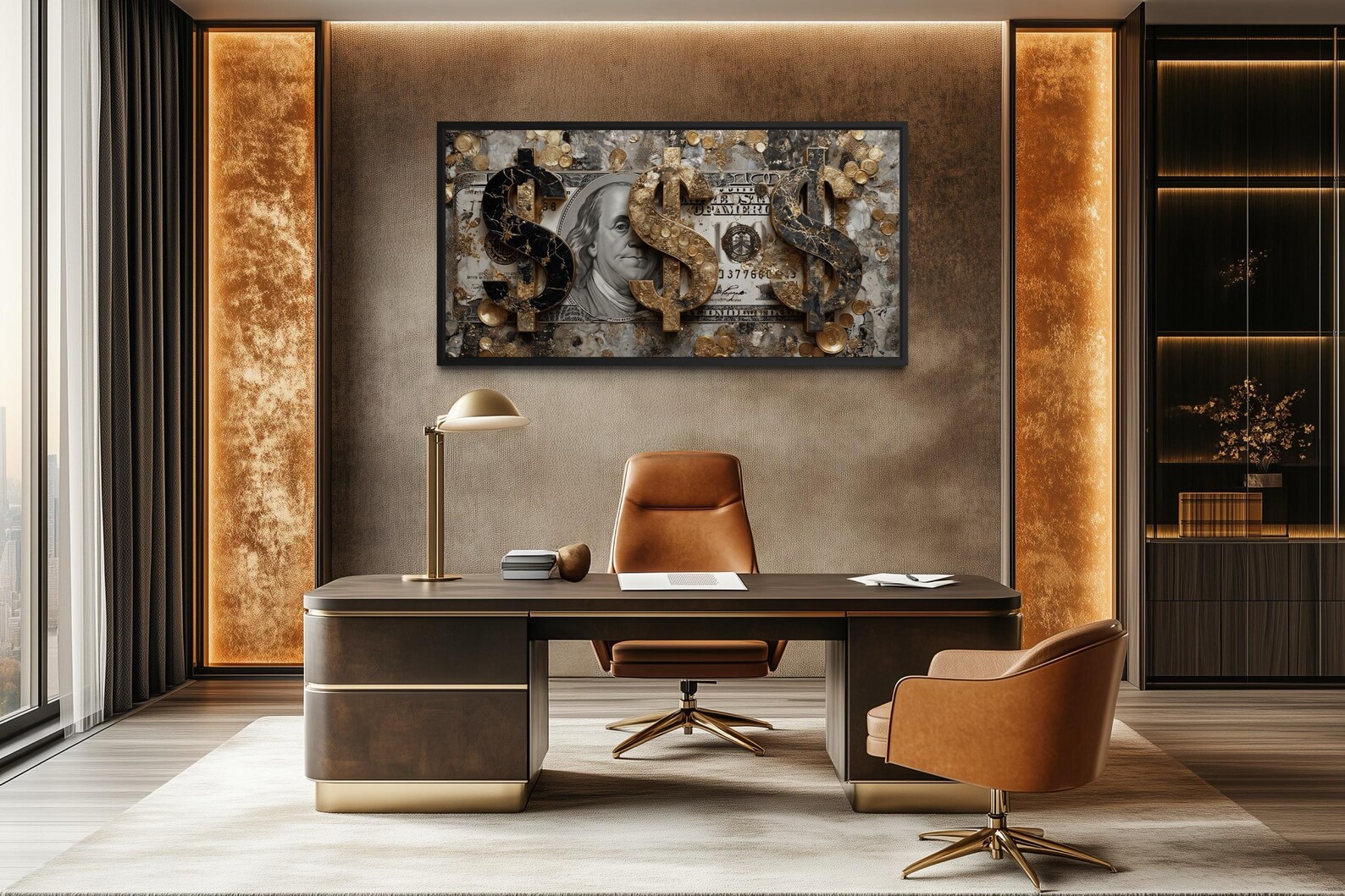 Money Wall Art – Luxury Dollar Sign Canvas With Gold Coins and Benjamin ...