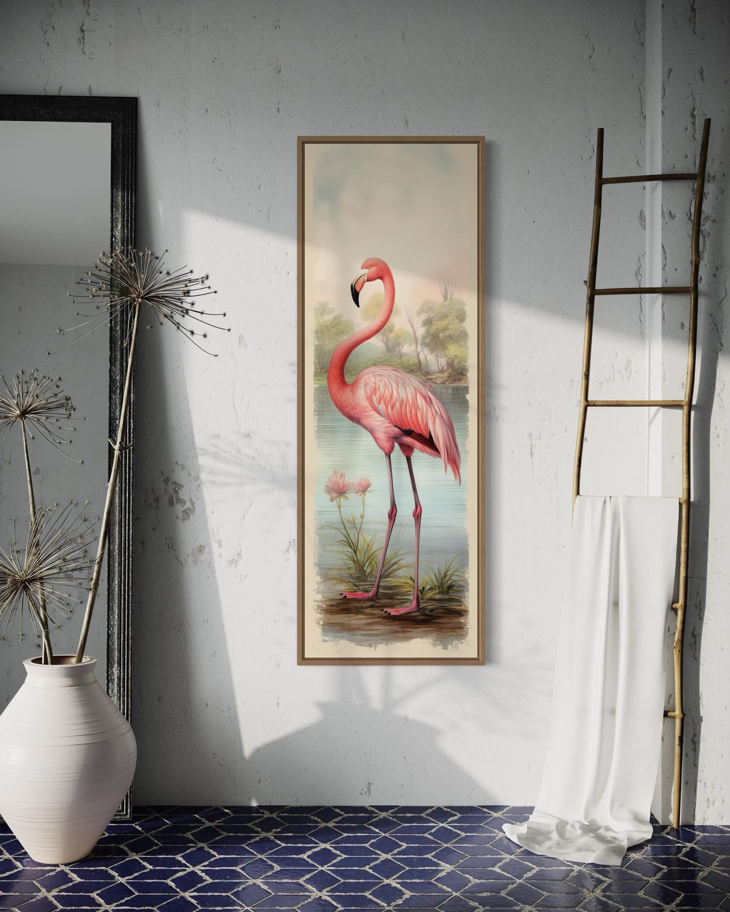 Tall Narrow Vertical Wall Art Flamingo at the Beach Painting Canvas ...