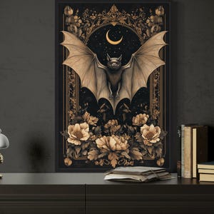 Gothic Bat Wall Art, Victorian Moonlit Bat and Floral Illustration ...