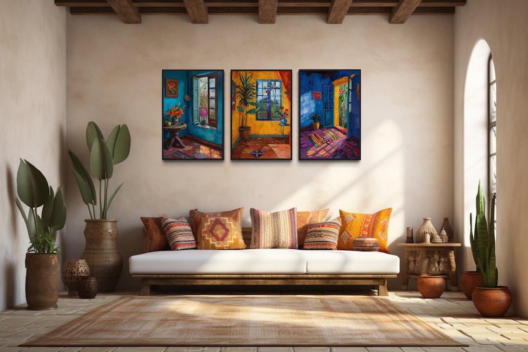Set of Three Mexican Wall Art, Colorful Mexican House and Window ...