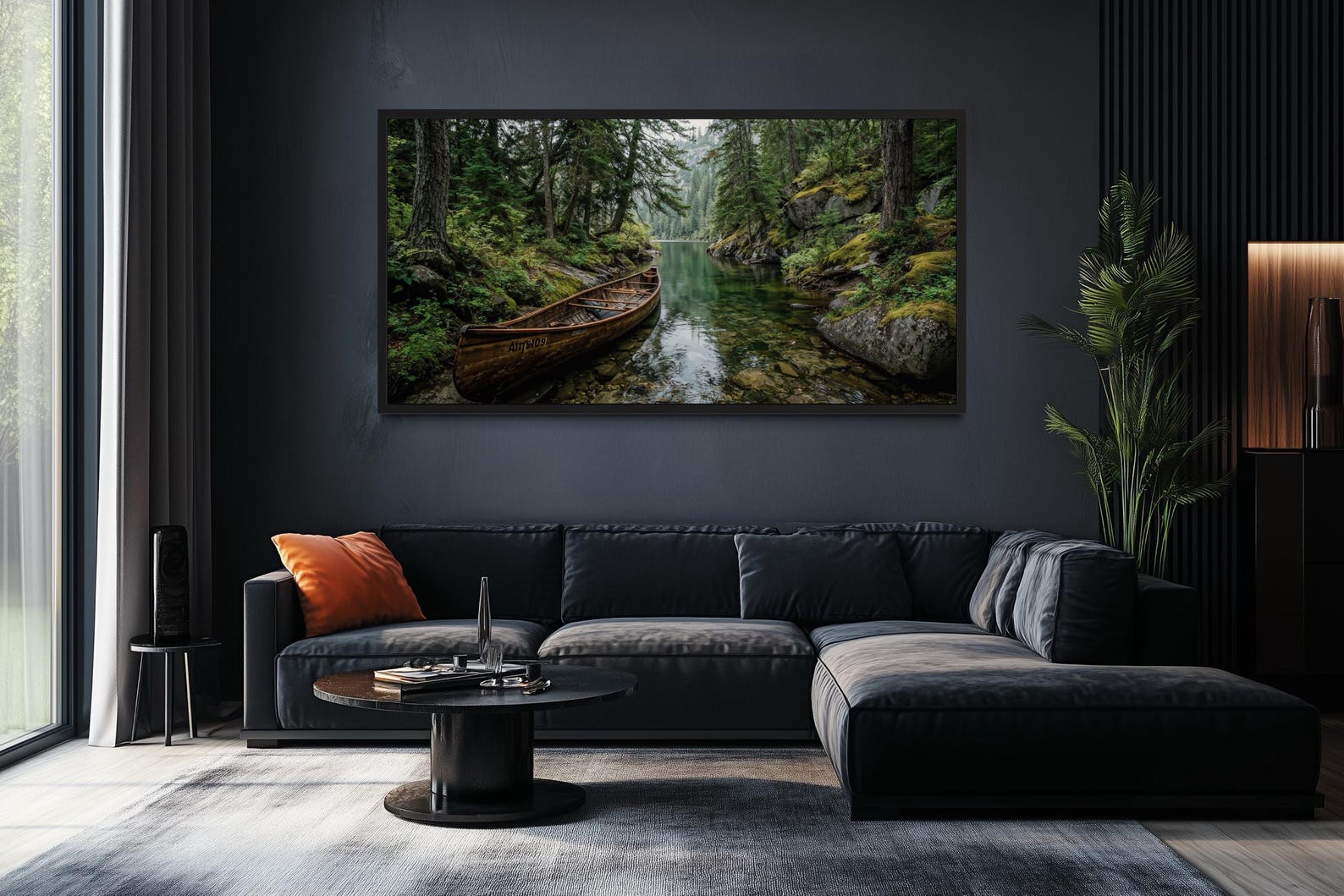 Rustic Canoe in Forest River Wall Art, Cabin Nature Landscape Painting ...