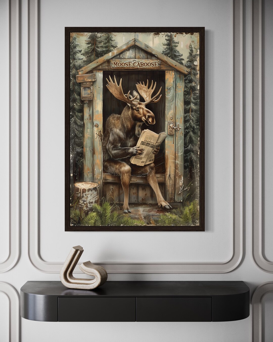 Moose in Outhouse Toilet in the Forest Reading Newspaper Painting ...