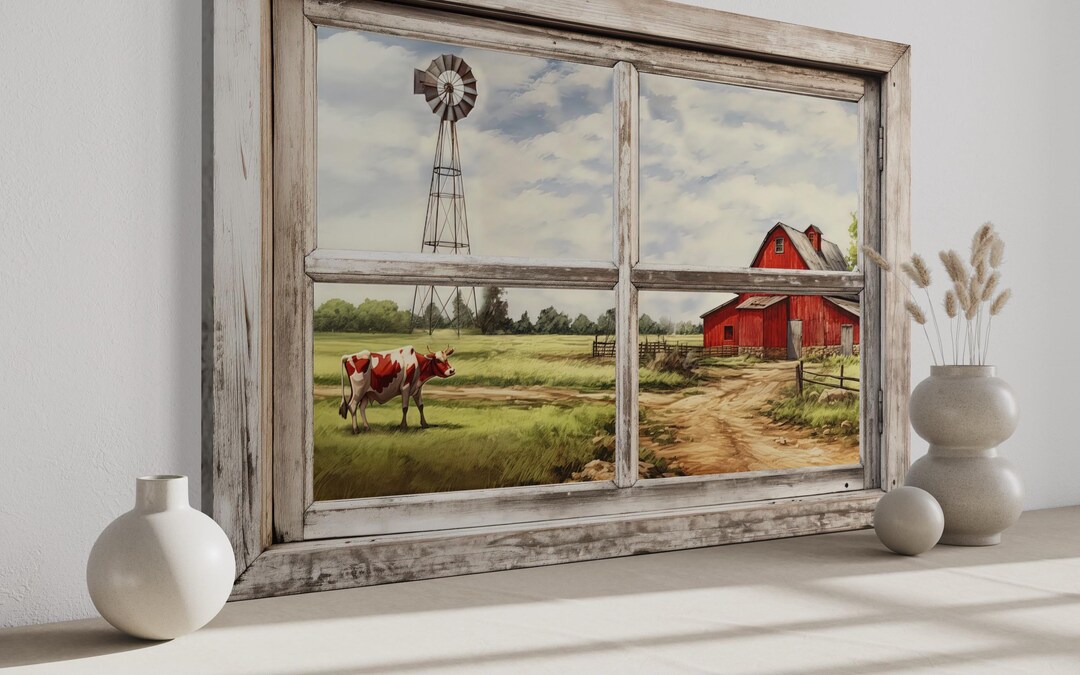 Window View Farm Painting Canvas Print - View of Farm Field Pastoral ...