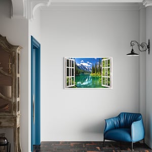 Window View Canvas - Lake and Mountains View From Open Window Painting ...