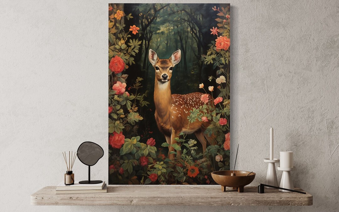 Wildlife Wall Art - Fawn Baby Deer in the Forest Painting Canvas Print ...
