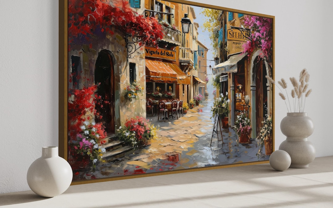 Charming Italian Street With Restaurants Painting Canvas PRINT, Italian ...