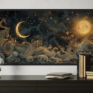 Black Gold Sun and Moon Wall Art, Celestial Painting Canvas PRINT, Sun ...