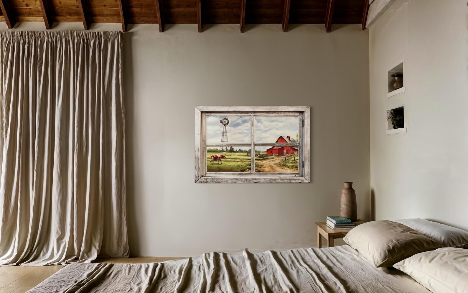 Window View Farm Painting Canvas Print - View of Farm Field Pastoral ...