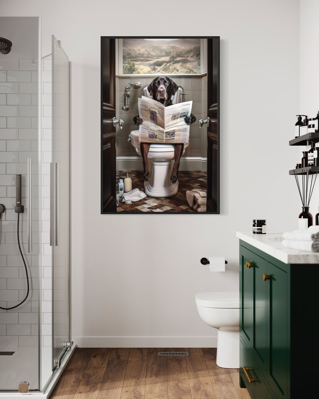 Labrador Retriever Dog on the Toilet Reading Newspaper, Funny Bathroom ...